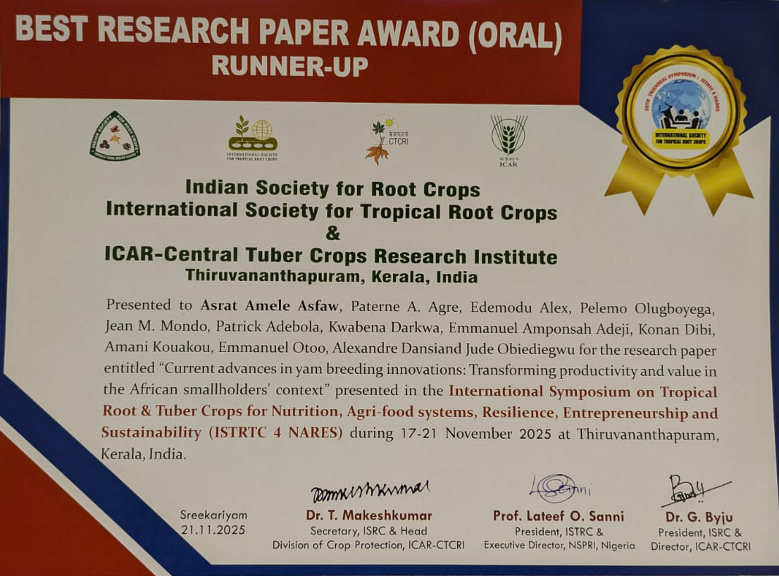 IITA’s yam research shines with multiple international awards at ISTRC 2025 in India