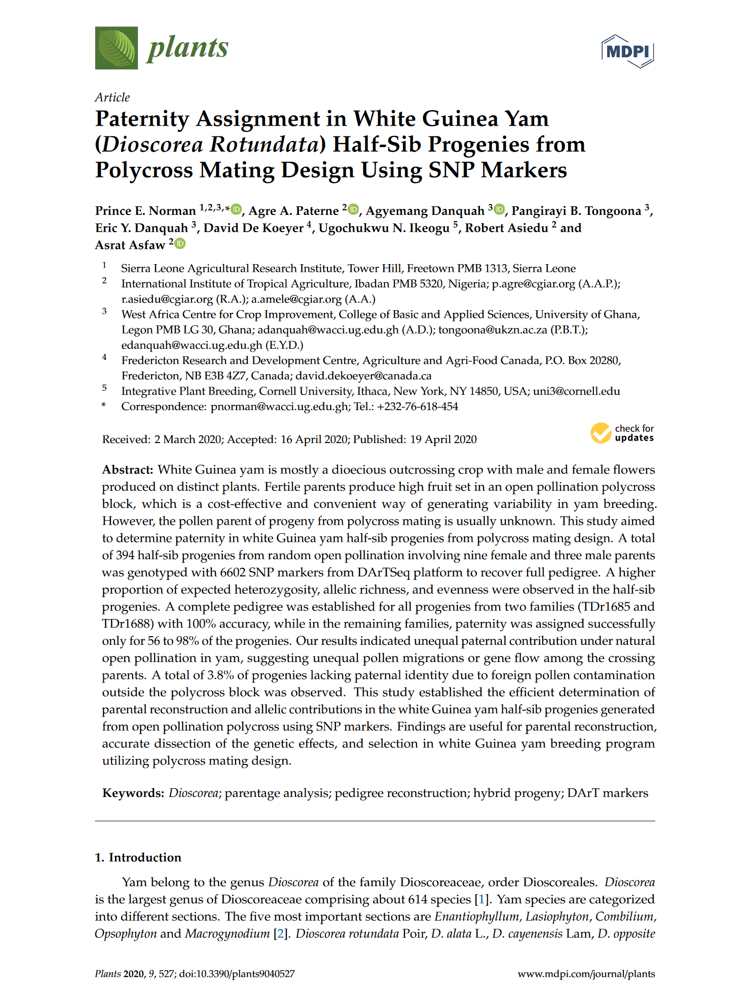 Paternity Assignment in White Guinea Yam(Dioscorea Rotundata) Half-Sib ...